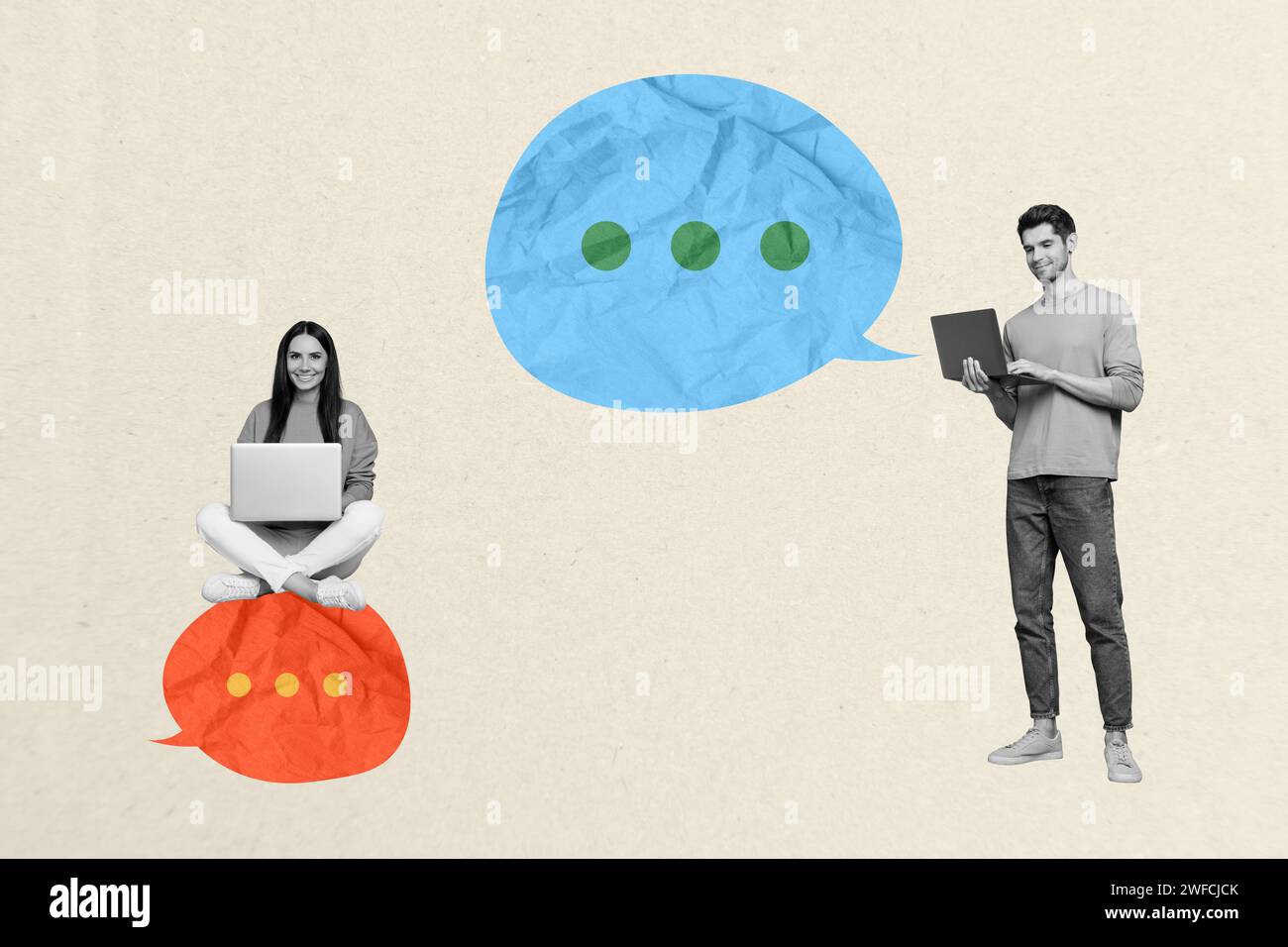 Creative collage picture illustration two happy enjoy funny friends ...