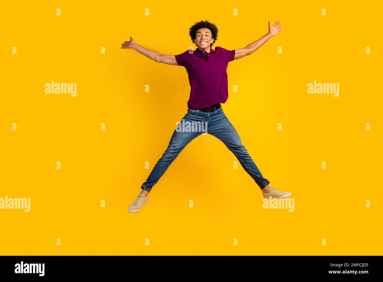 Full length photo of cheerful good mood guy wear stylish magenta ...