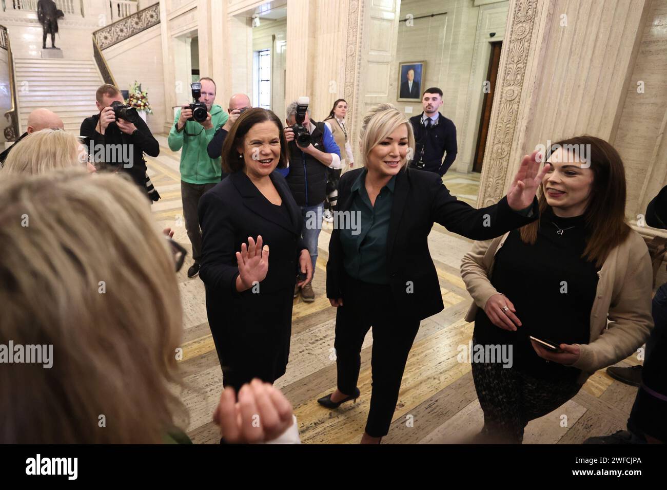 Sinn Fein president Mary Lou McDonald (centre) and vice-president ...