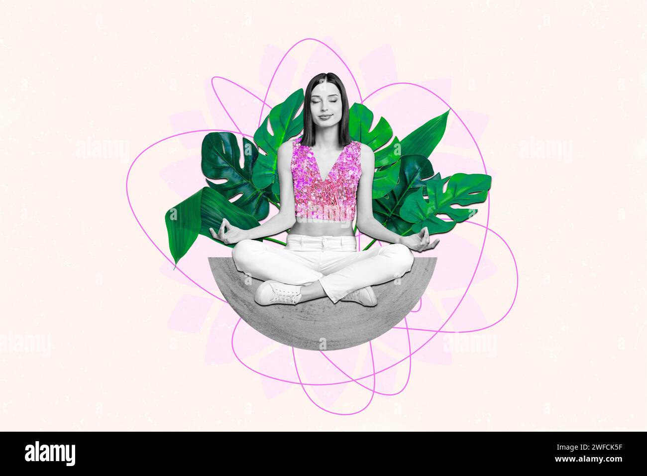 Horizontal photo collage lady enjoy beauty of nature balance asana yoga ...