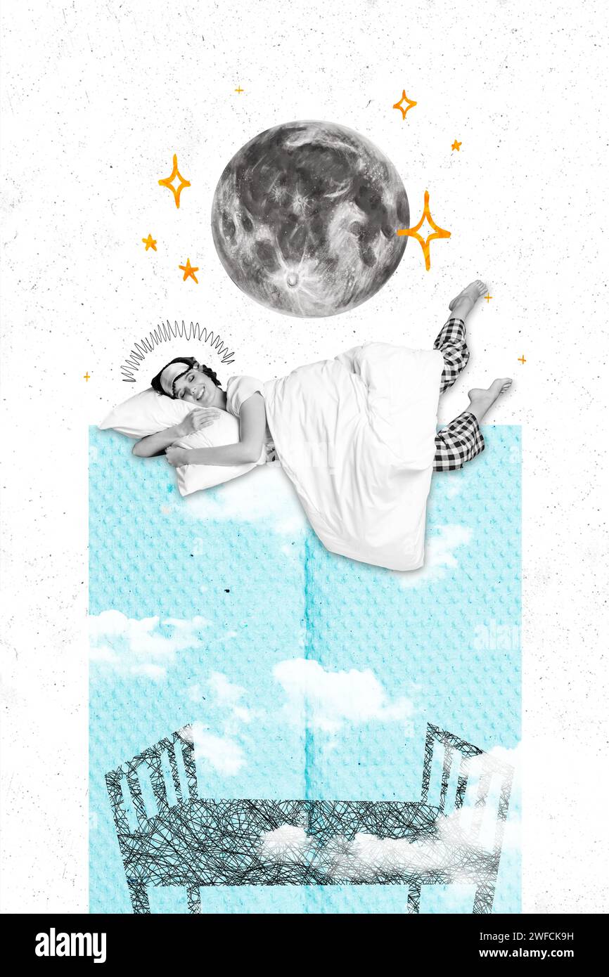 Collage sketch picture of cute lovely girl levitating air sleeping ...