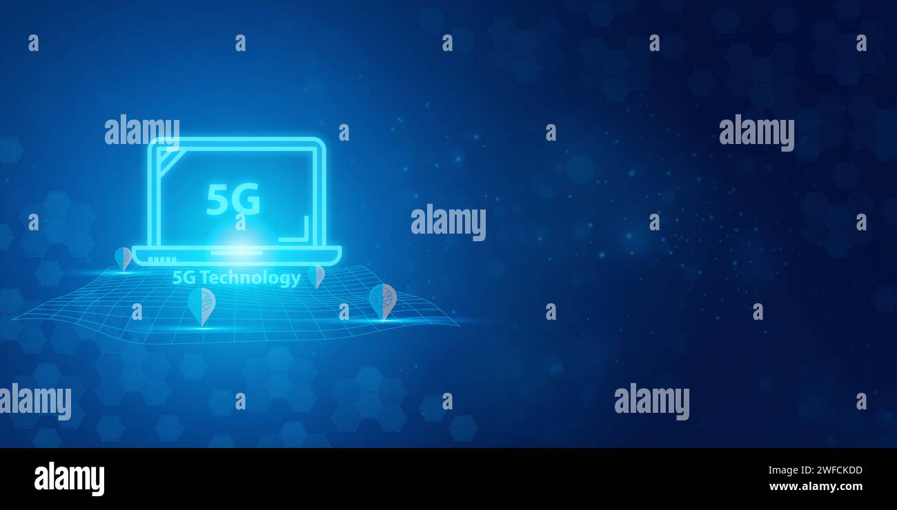 Futuristic blue 5G text and abstract technology background. Artificial ...