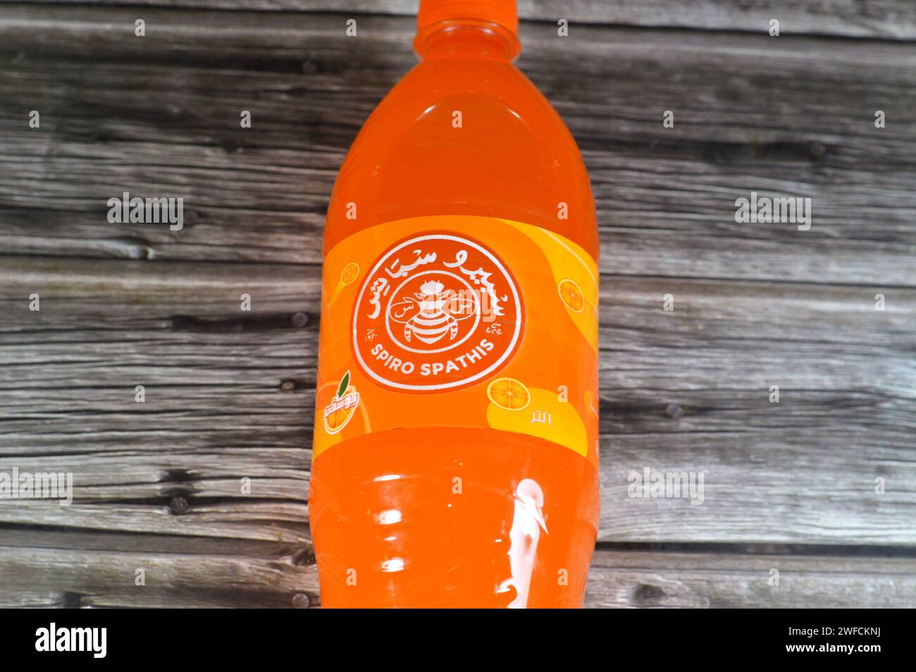 Cairo, Egypt, January 23 2024: Spiro Spathis mandarin orange soda drink ...