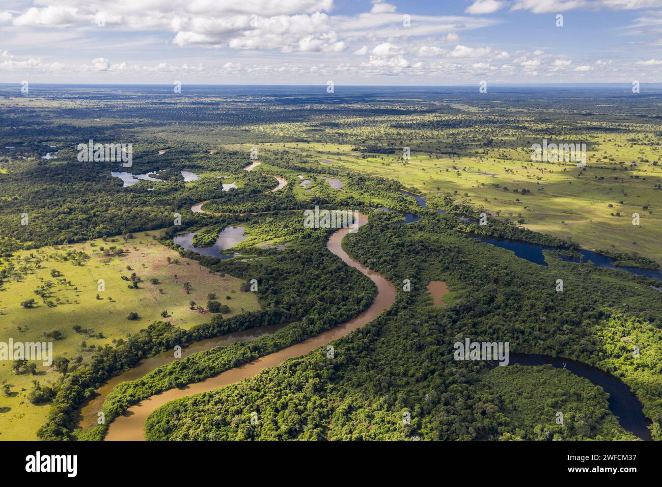 Drone view of the Pantanal plain with the Aquidauana river and lagoons ...