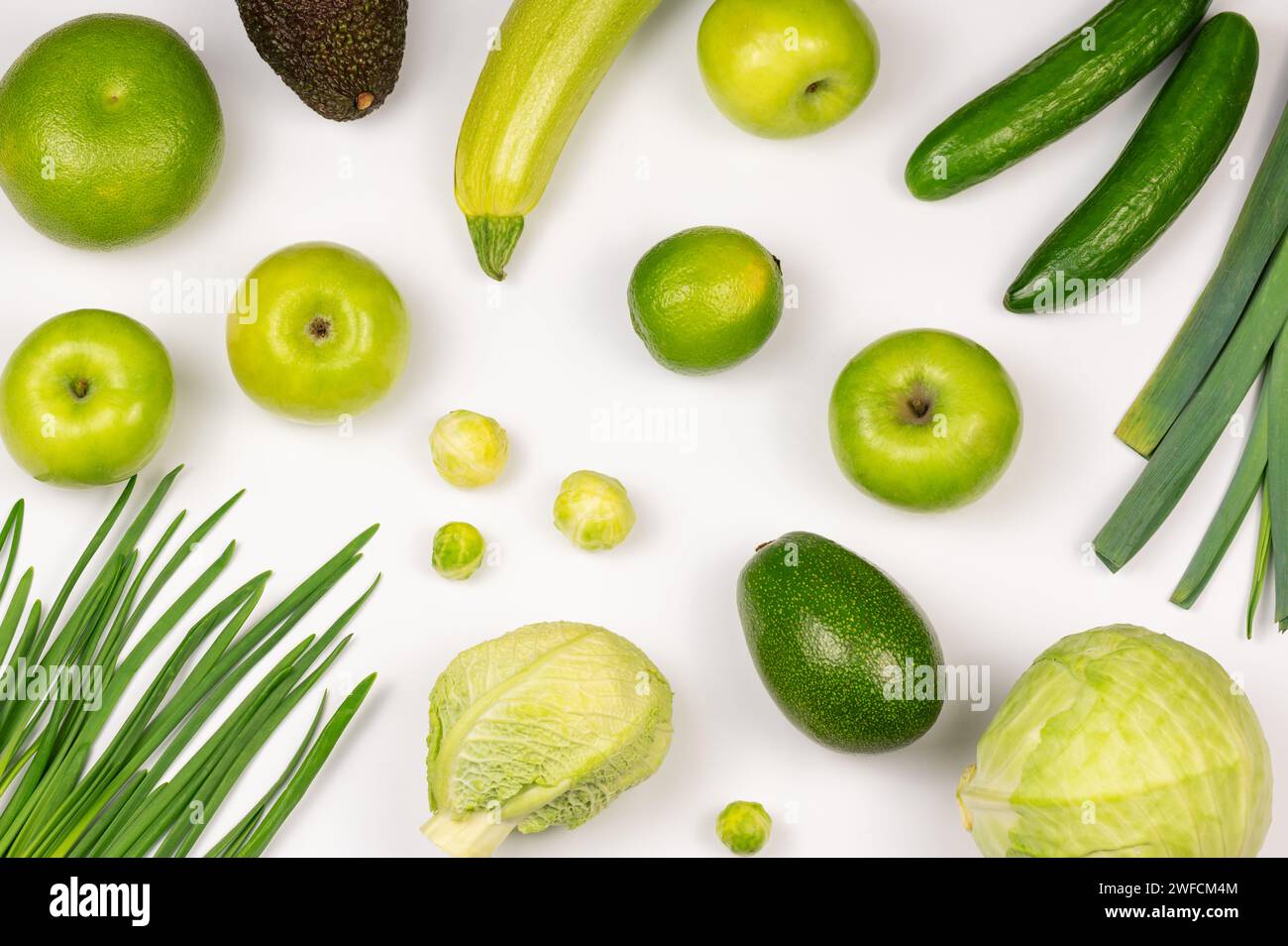 Set of healthy and organic only green color vegetables on white ...