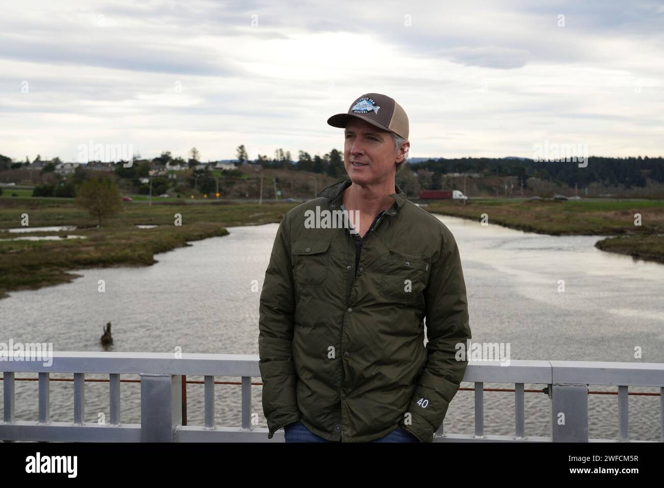 California Gov. Gavin Newsom stands on a bridge overlooking the Elk ...