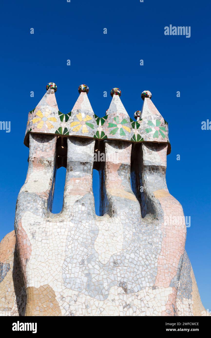 Chimney on Casa Batllo roof, Antonio Gaudi house. Barcelona, Catalunya ...