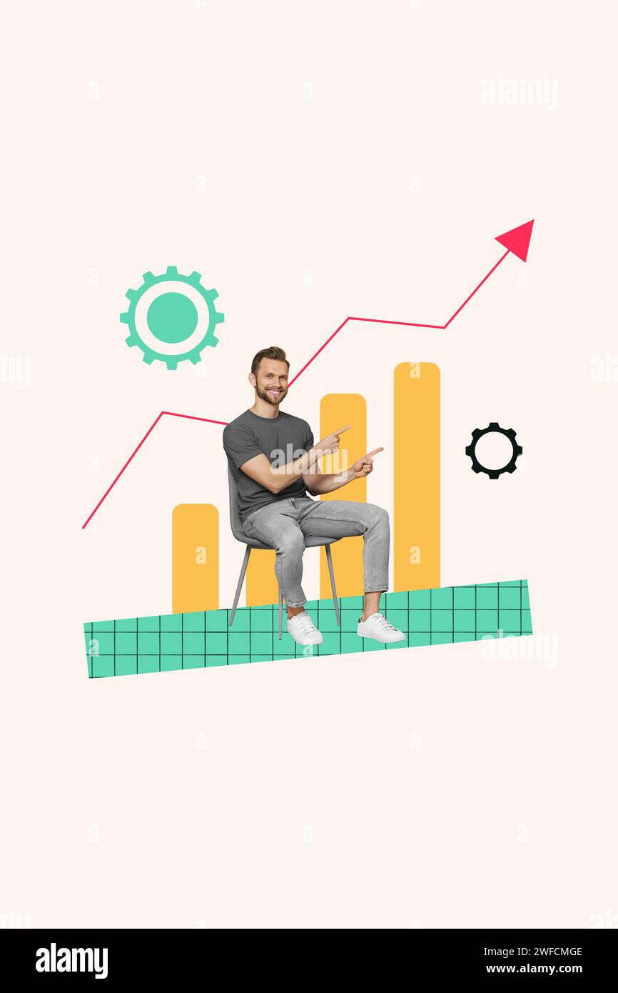 Vertical poster collage sitting satisfied young man pointing successful charts positive graphic ...