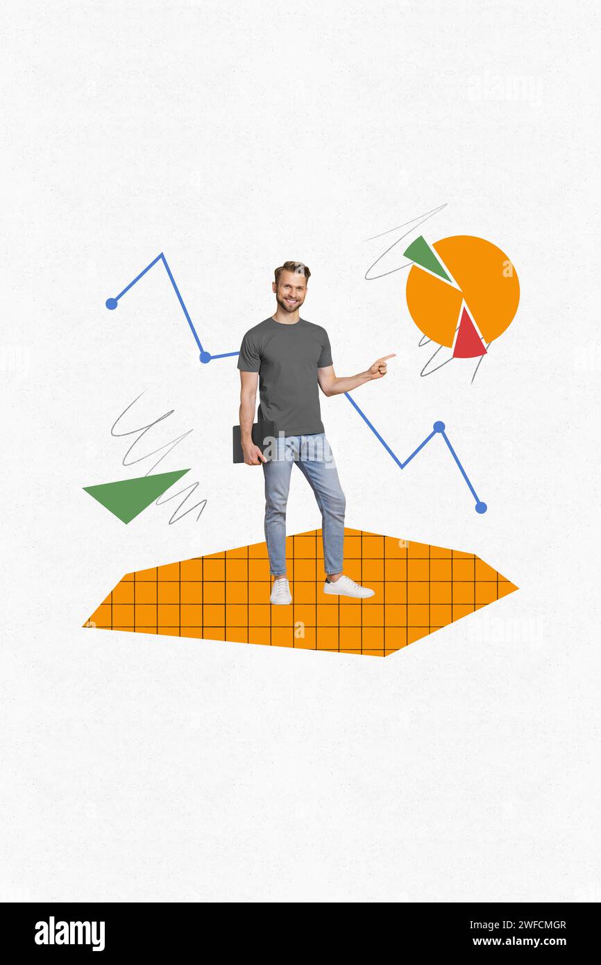 Vertical poster creative collage young standing cheerful businessman ...