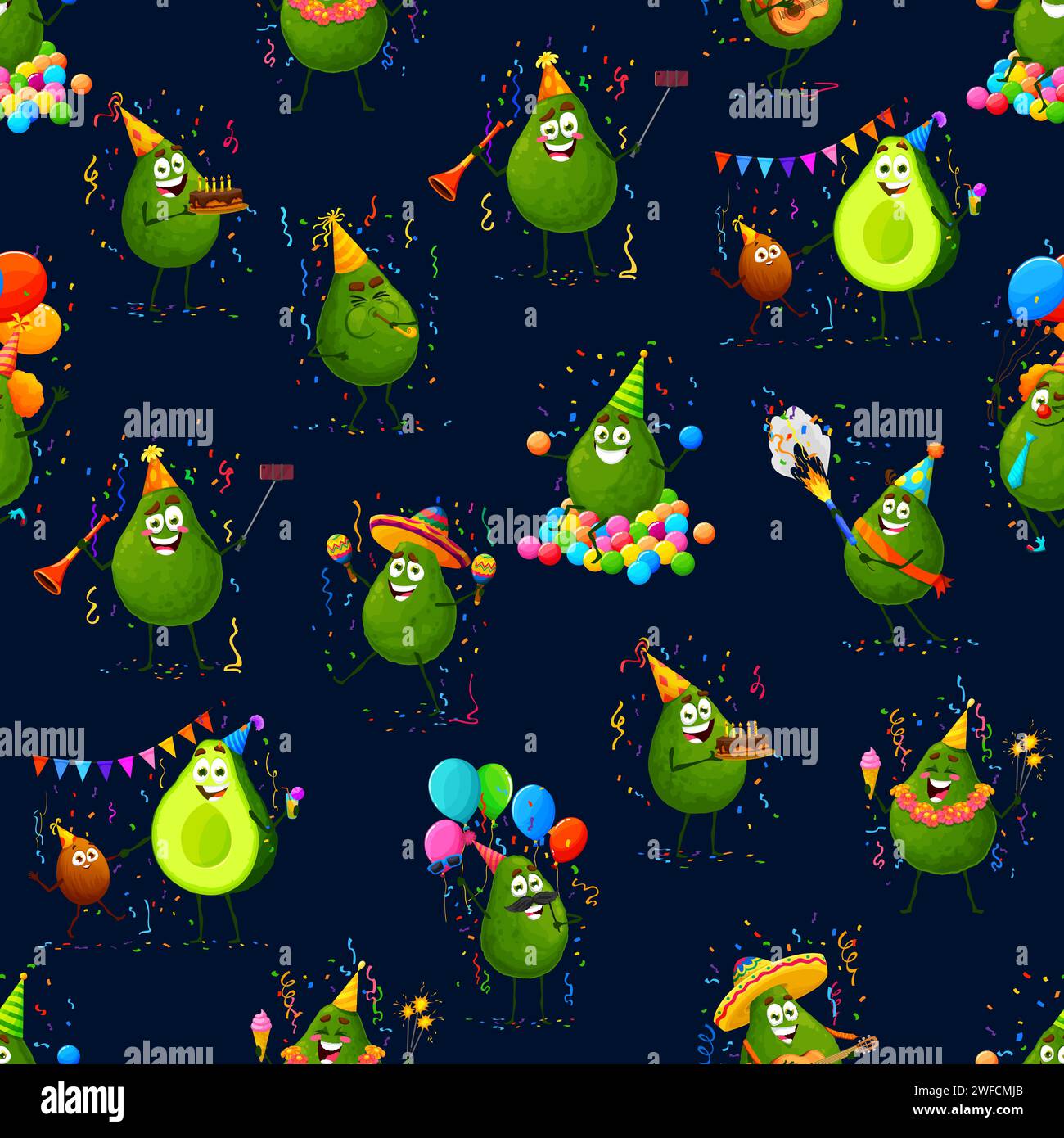 Cartoon avocado characters or holiday party seamless pattern, vector ...