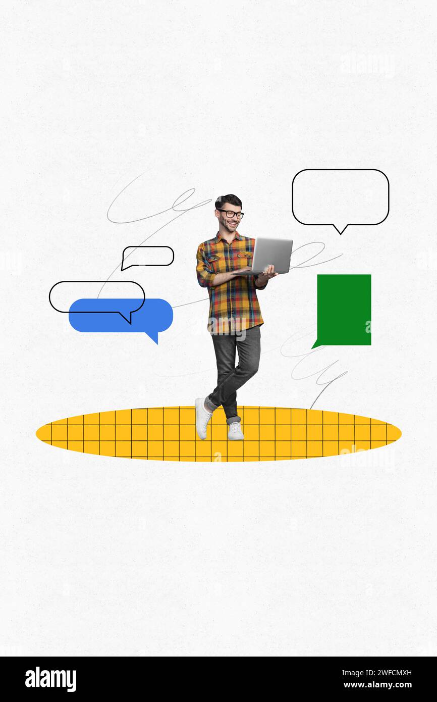 Creative picture vertical poster collage standing young worker ...