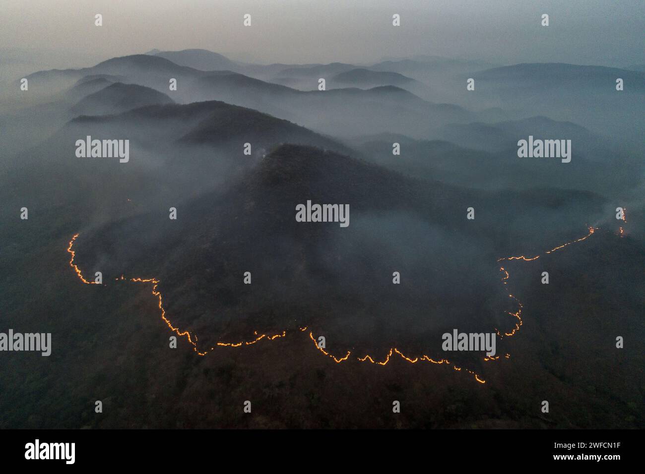 View of a fire line drone during a forest fire in the APA Pouso Alto ...