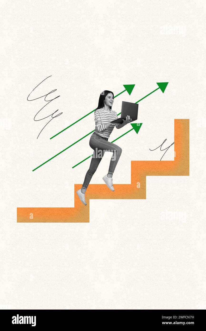 Creative collage picture poster successful young running woman upwards ...