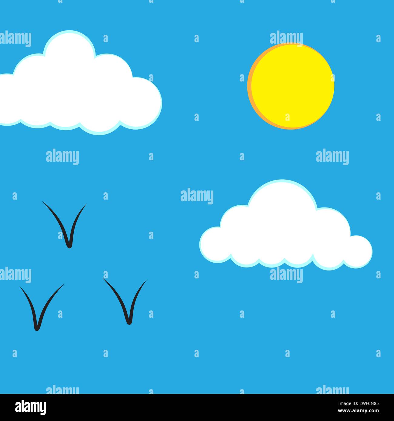 Blue clouds sun birds in modern style. Cartoon style. Vector ...