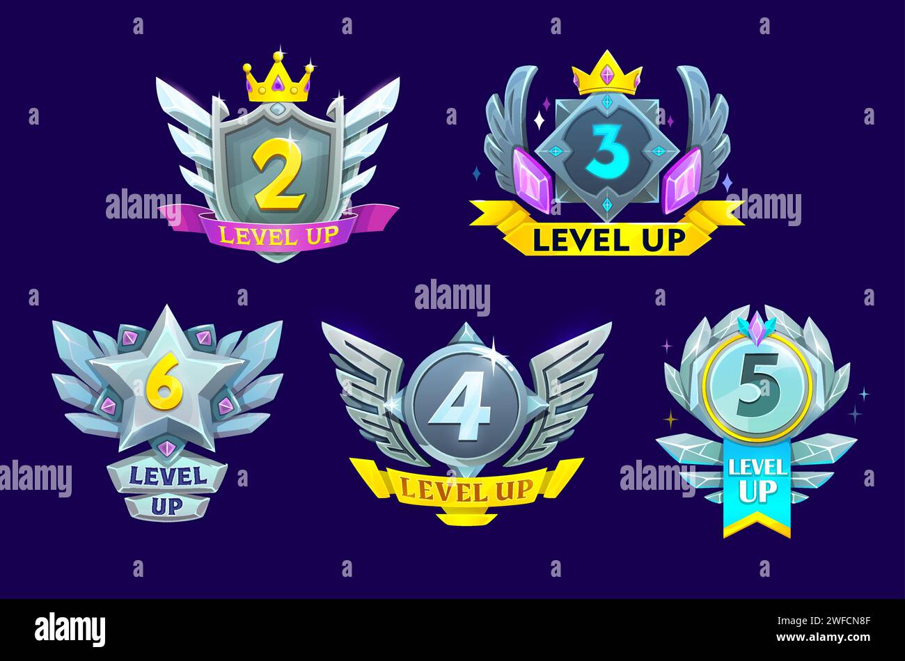 Game interface level up metal badges, steel win icons with wings and crystals, vector UI. Game ...
