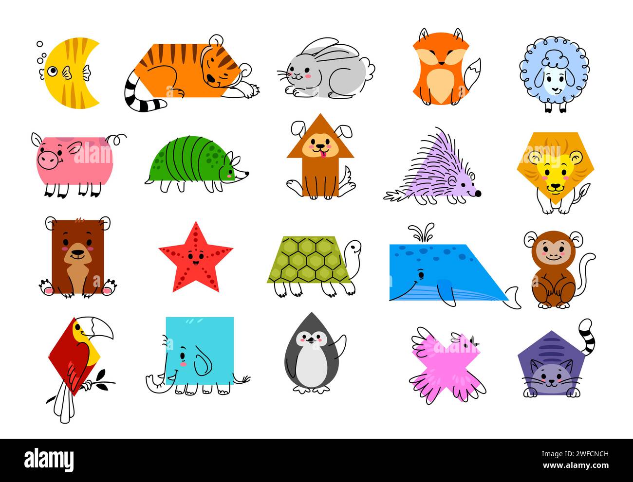 Cartoon animal characters with math shapes. Isolated vector fish, tiger ...