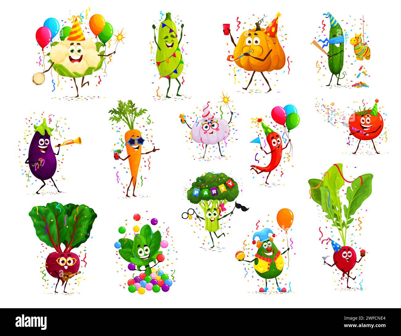 Cartoon funny vegetable characters on birthday holiday anniversary ...