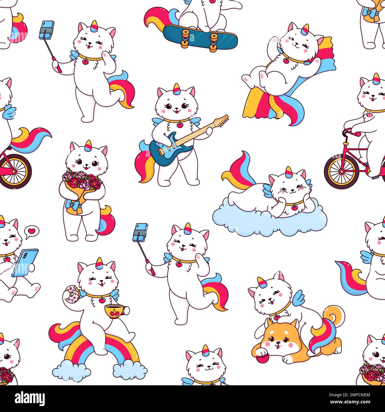 Cartoon cute caticorn cat and kitten characters seamless pattern ...