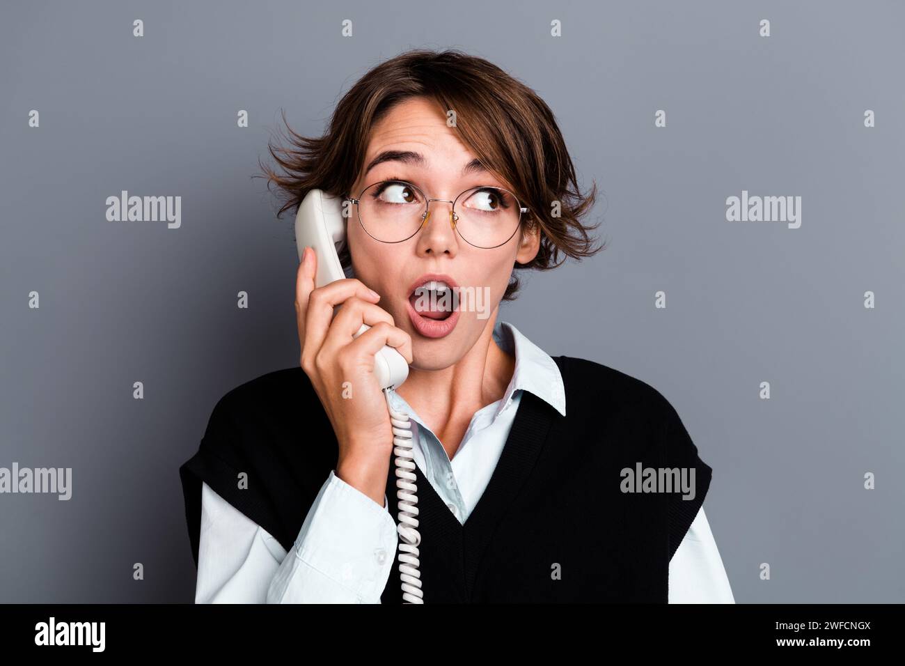 Photo of lovely astonished woman open mouth look up empty space open ...