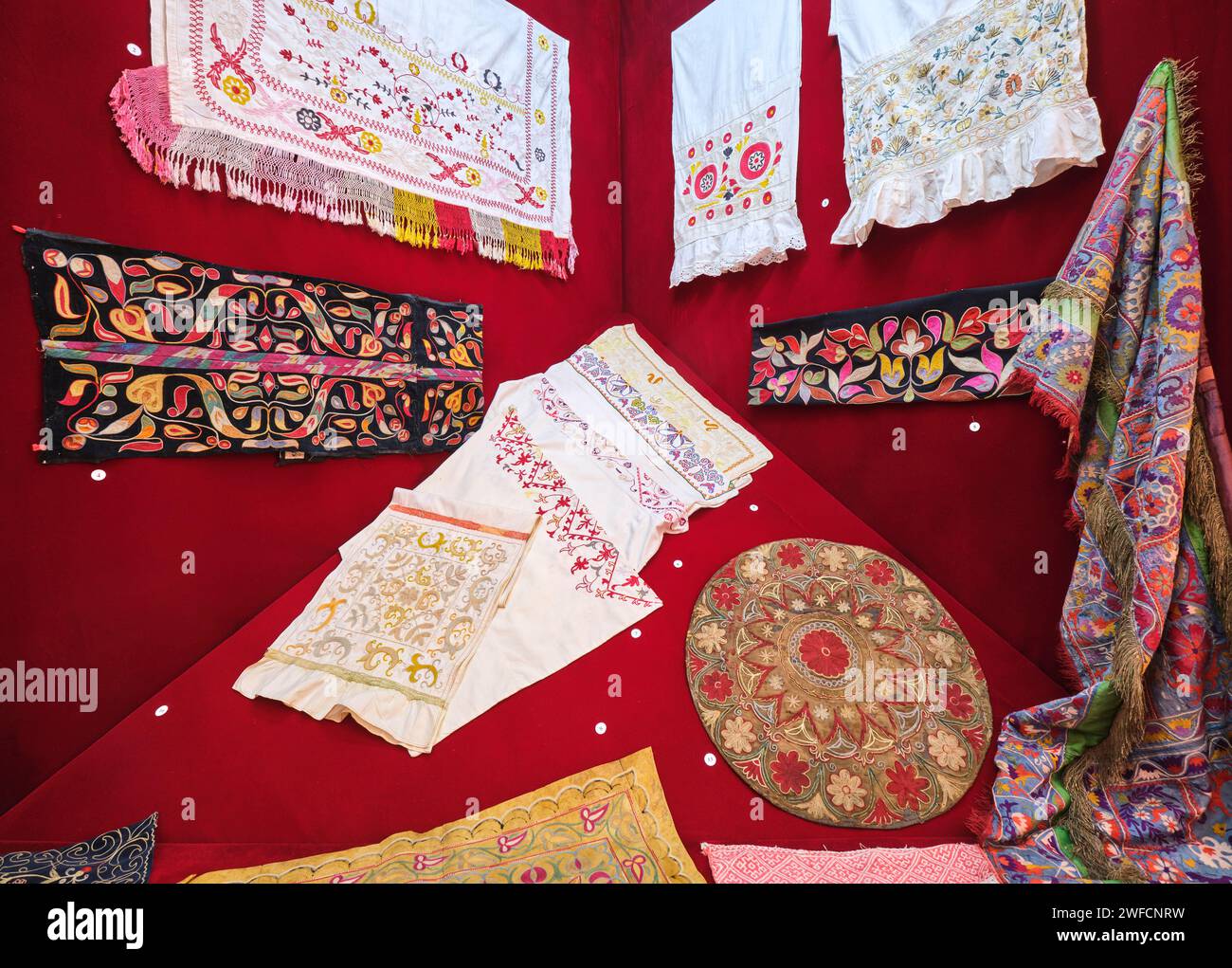A display of local, traditional weaving, textiles, fabric, including ...