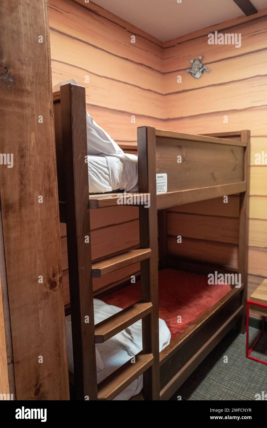 Wooden bunk beds in a rustic-themed hotel room at the Great Wolf Lodge ...