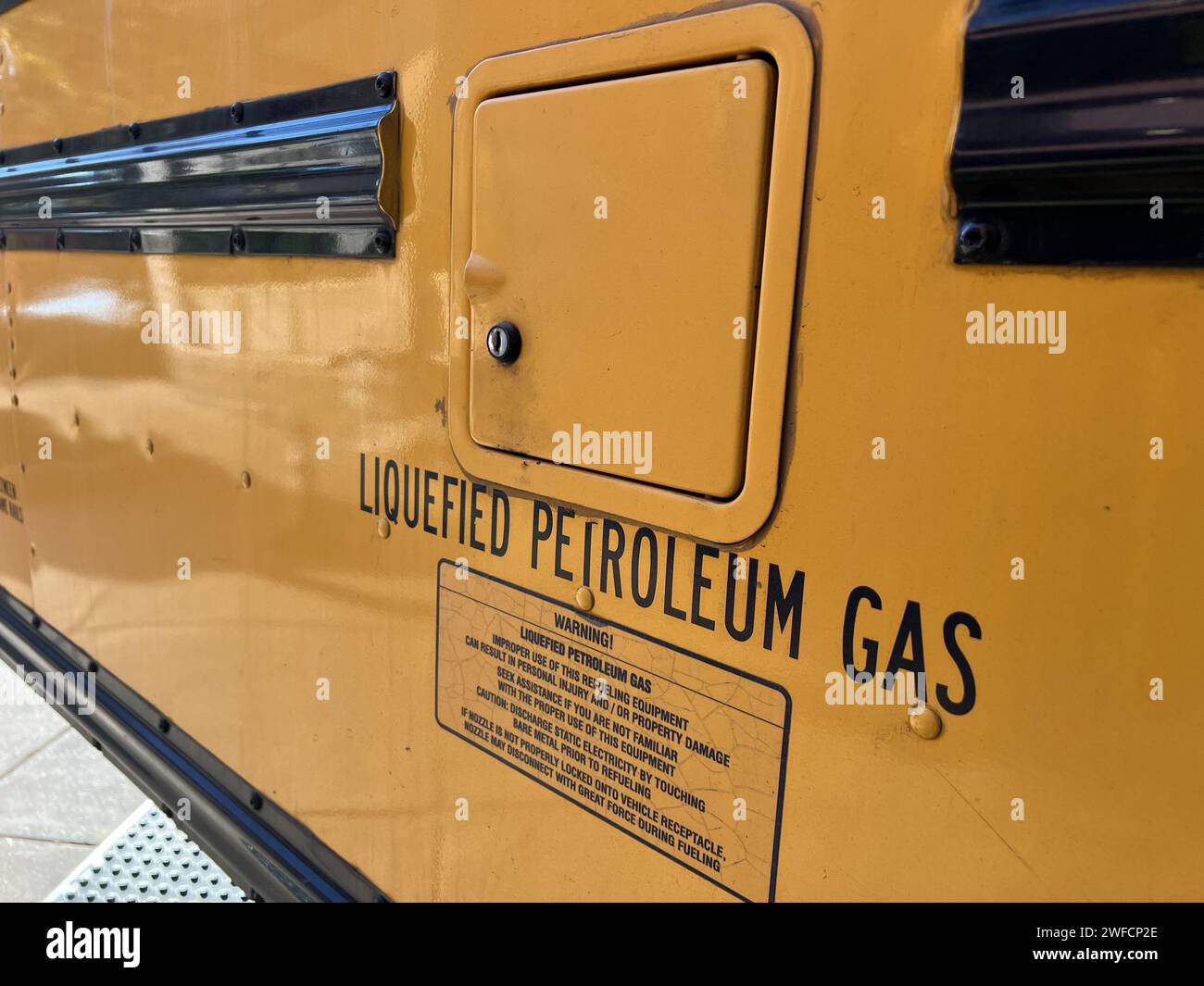 Close-up of a liquefied petroleum gas warning label on a yellow ...