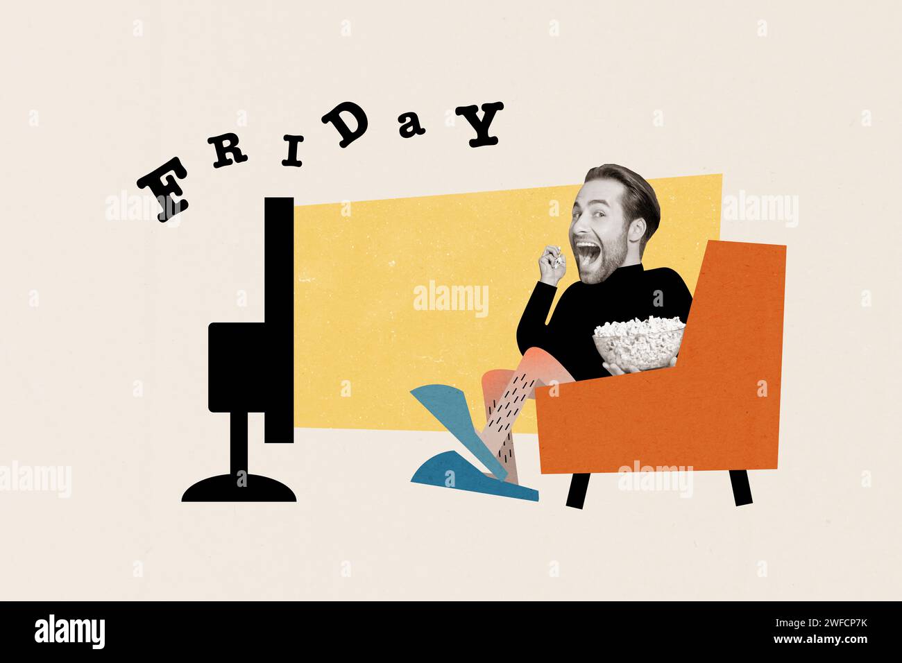 Creative collage picture image sitting young happy man watching movie ...