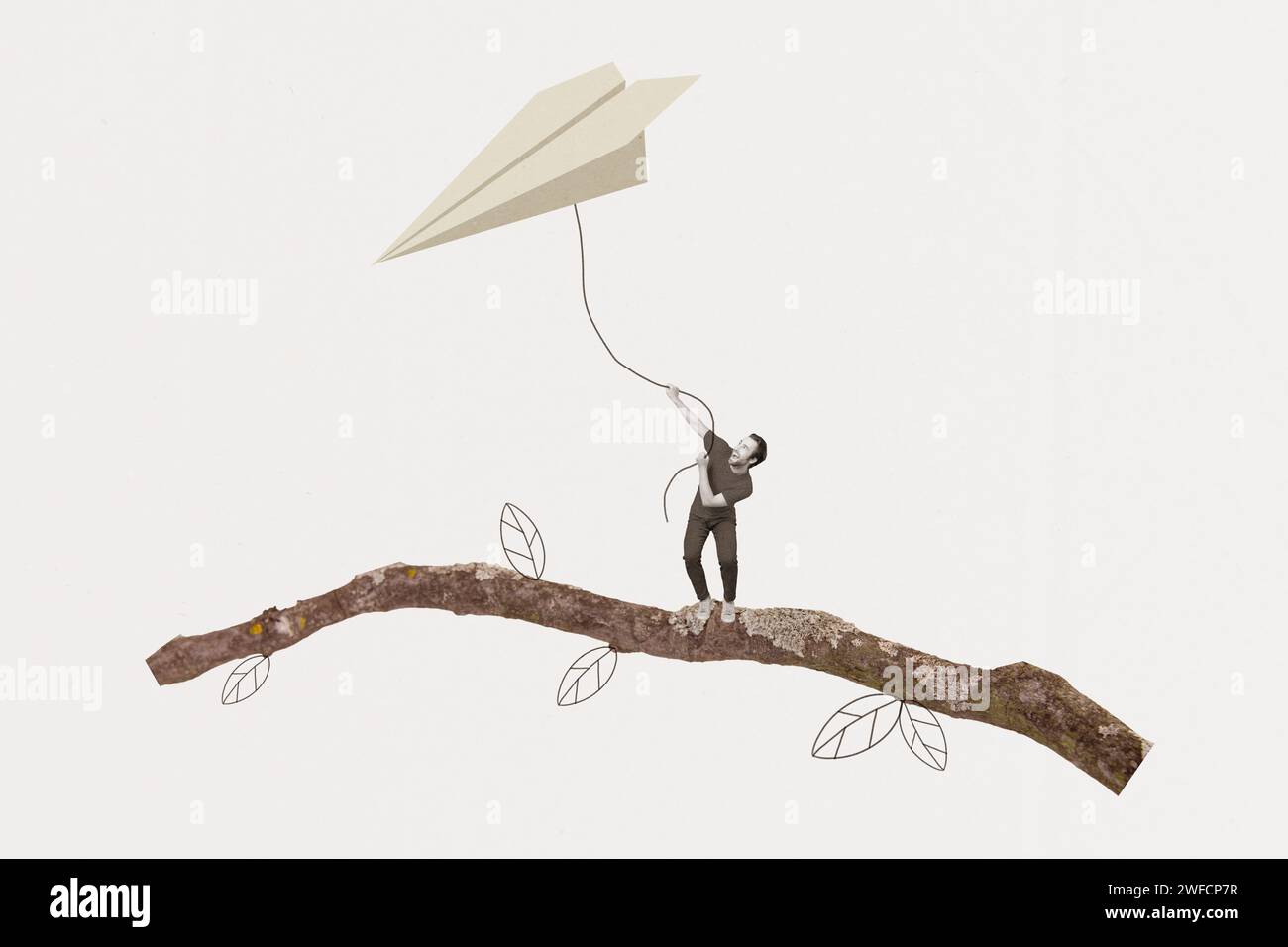 Creative collage picture image young man hold string huge paper plane ...