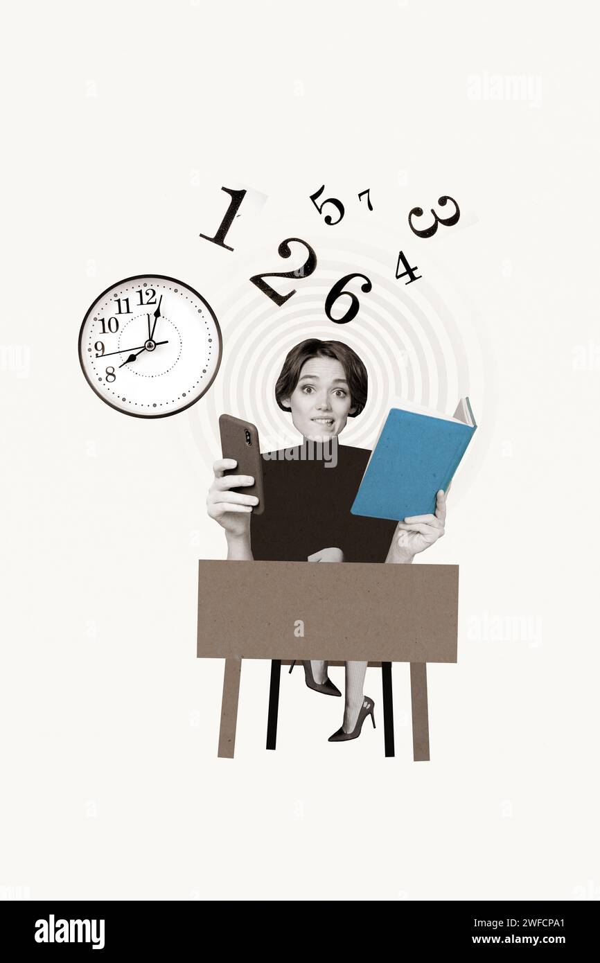 Vertical creative collage image of nervous bored female student boring ...