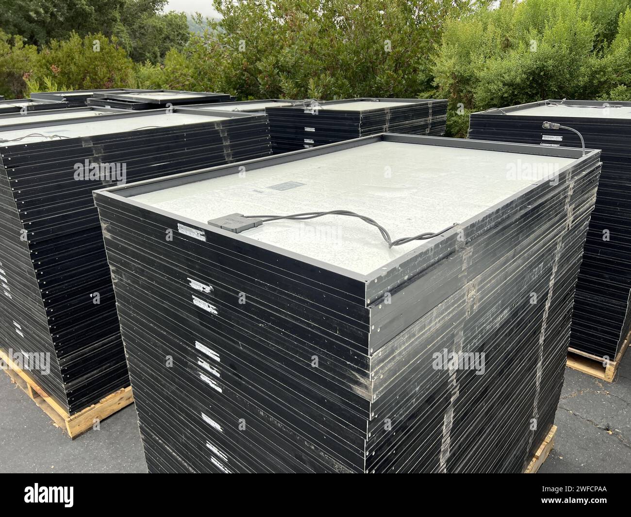 Stacked solar panels on palettes, Lafayette, California, September ...
