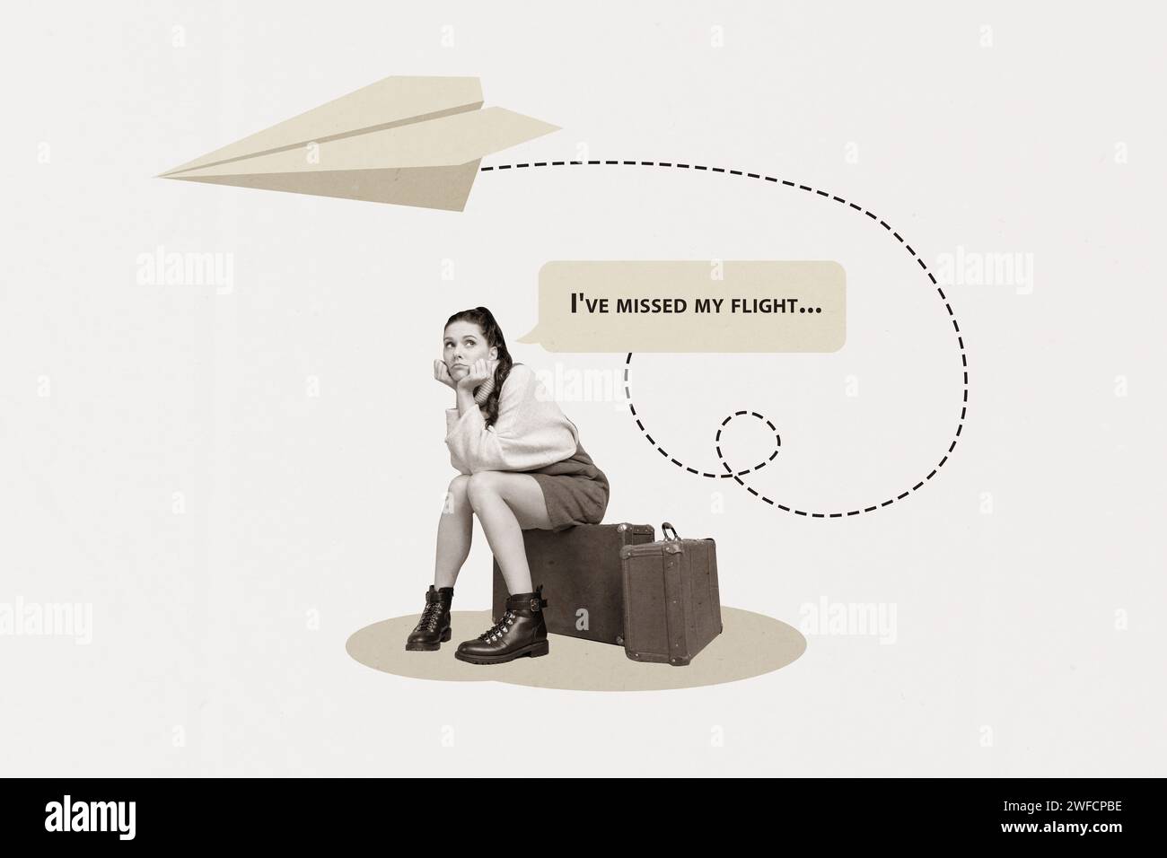 Creative poster collage of sad girl sit valise i'm missed my flight ...