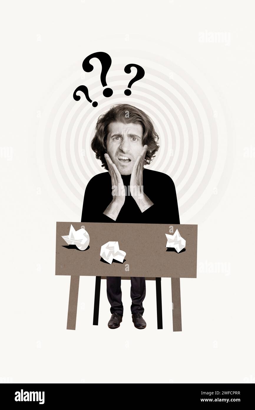Vertical weird caricature photo collage of shosked impressed guy sit at ...