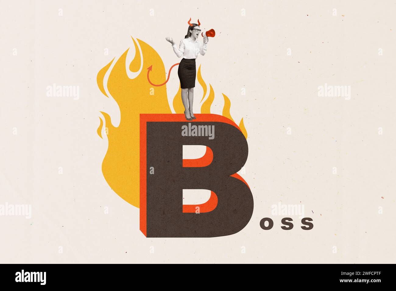 Horizontal creative photo collage of aggressive angry lady boss devil ...