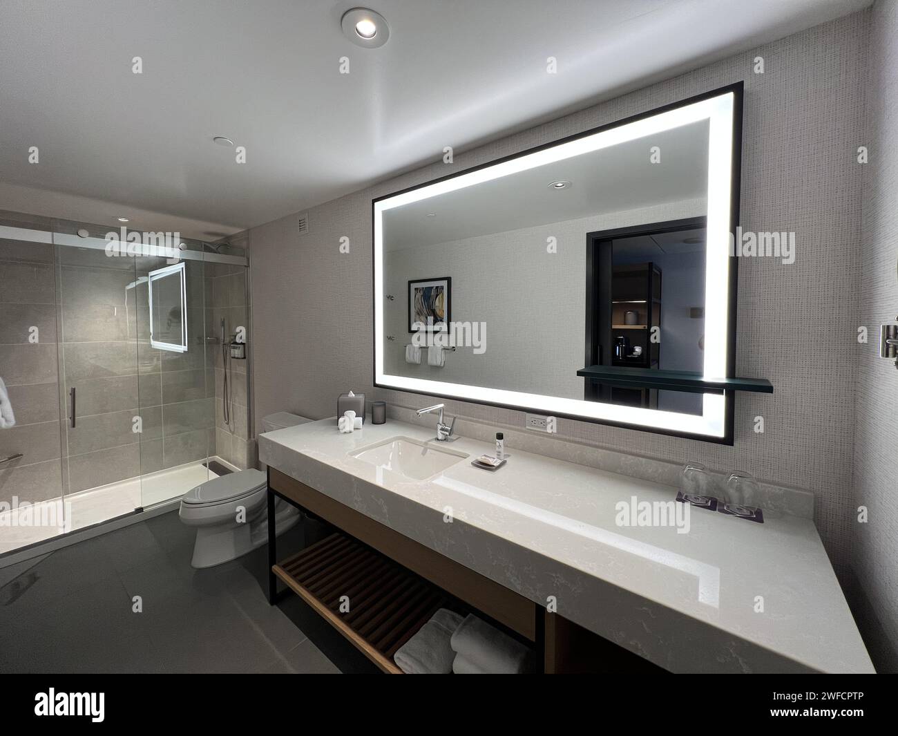 Modern bathroom interior with illuminated mirror and walk-in shower at Hyatt Regency, San ...