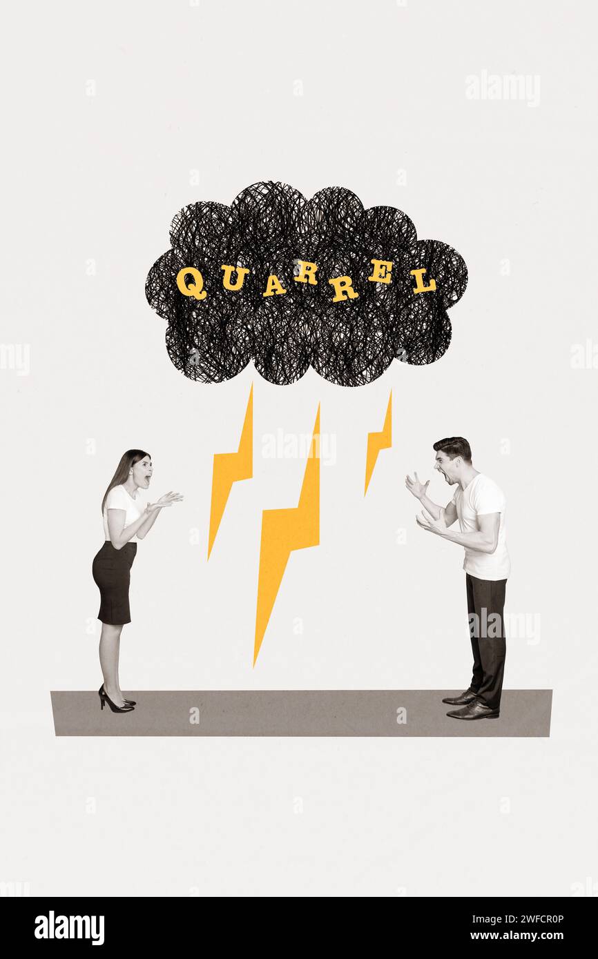 Vertical photo collage of young couple yelling scream at each other ...