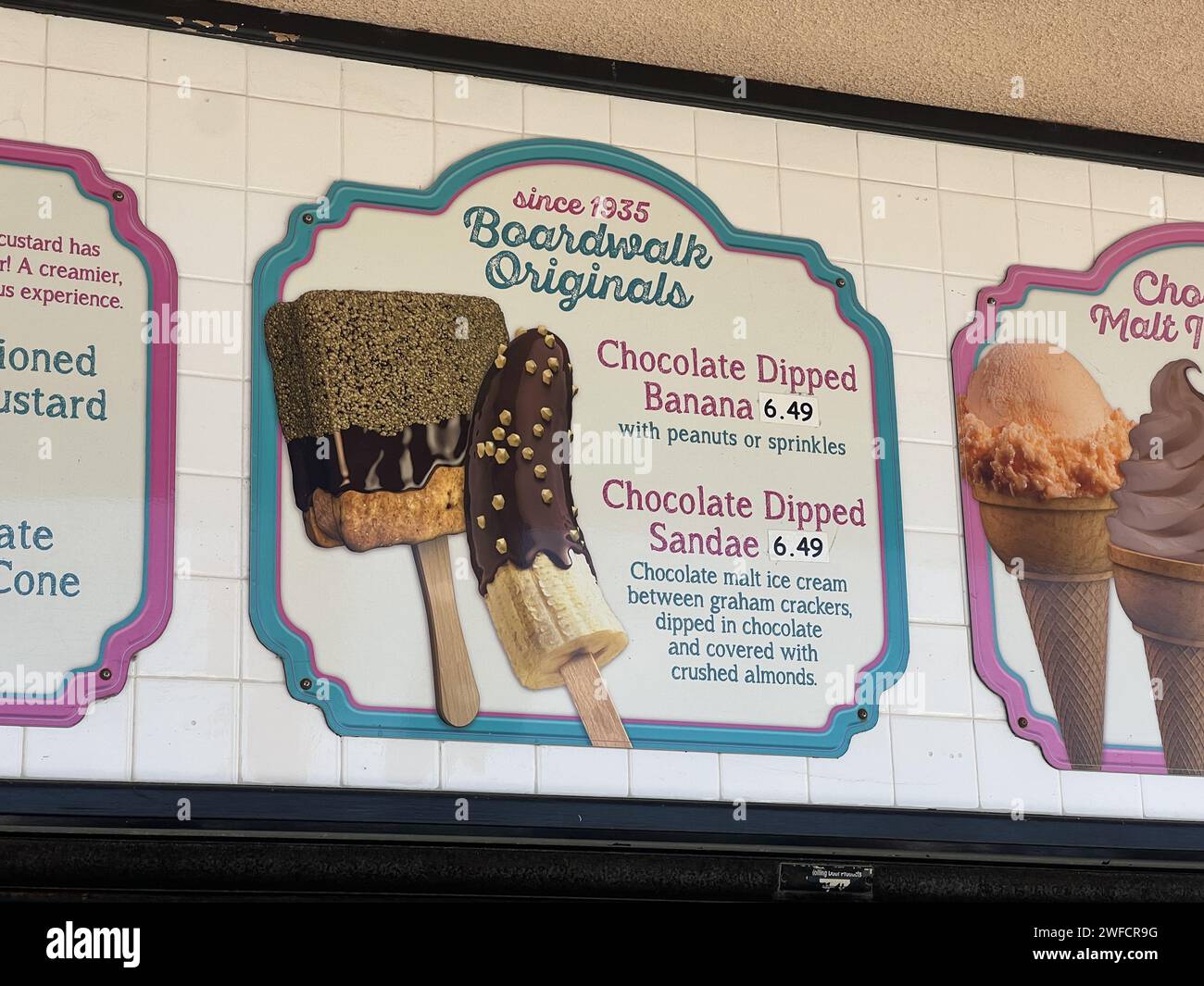 Colorful menu display featuring ice cream treats including a chocolate ...