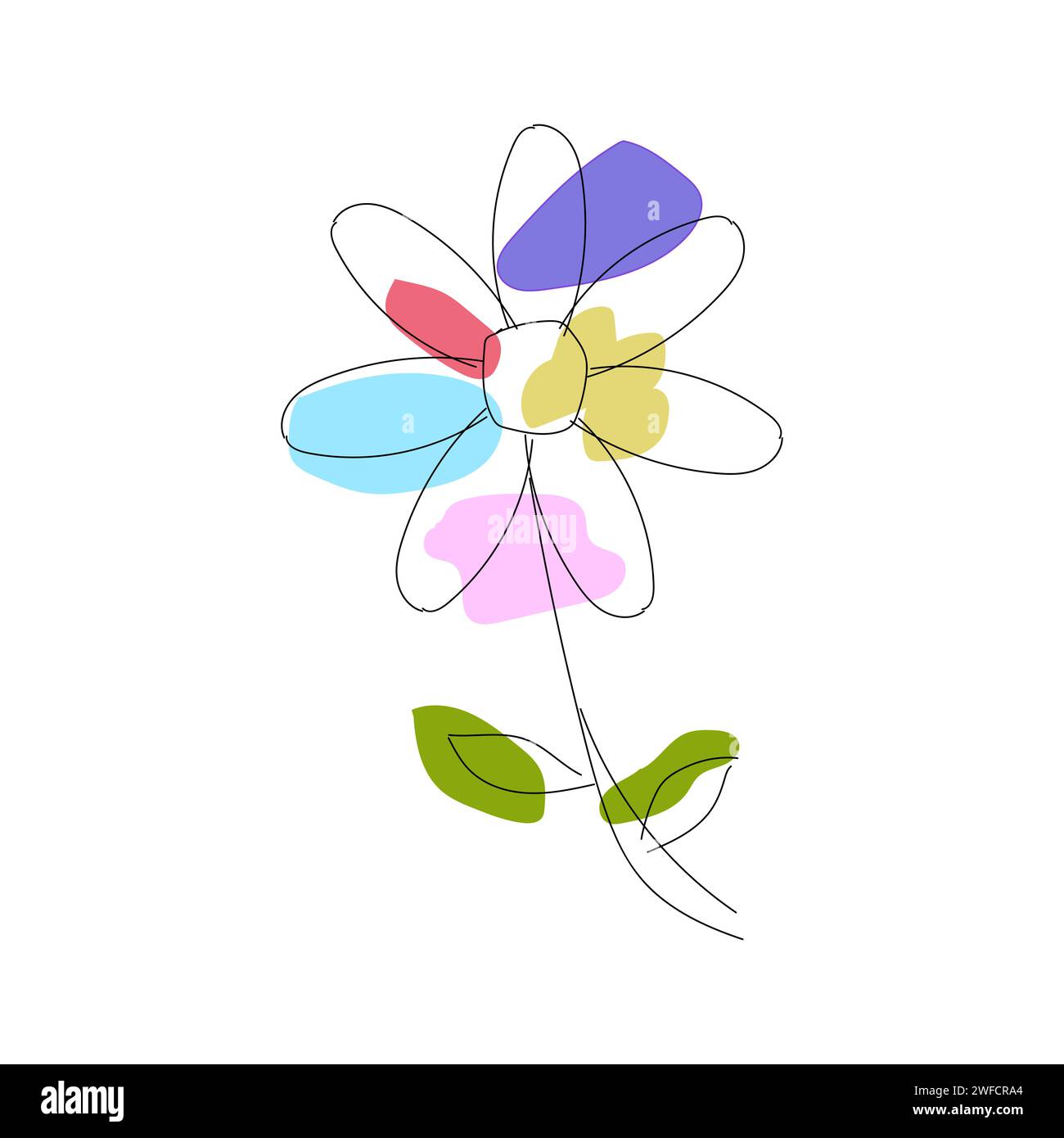 Line art flower line colored spots. Spring botanical print. Vector ...