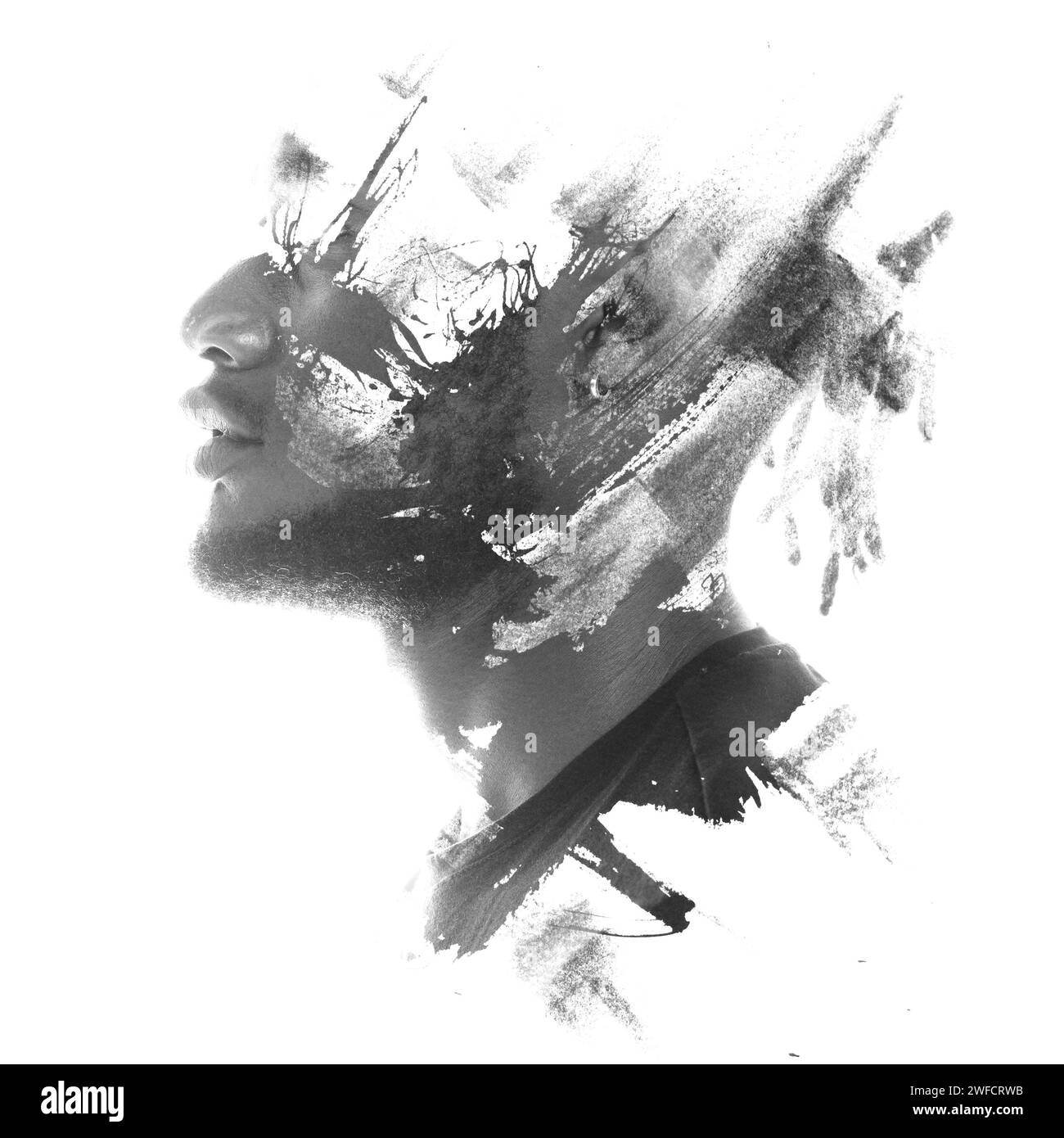 A disappearing paintography double exposure profile portrait of a man ...