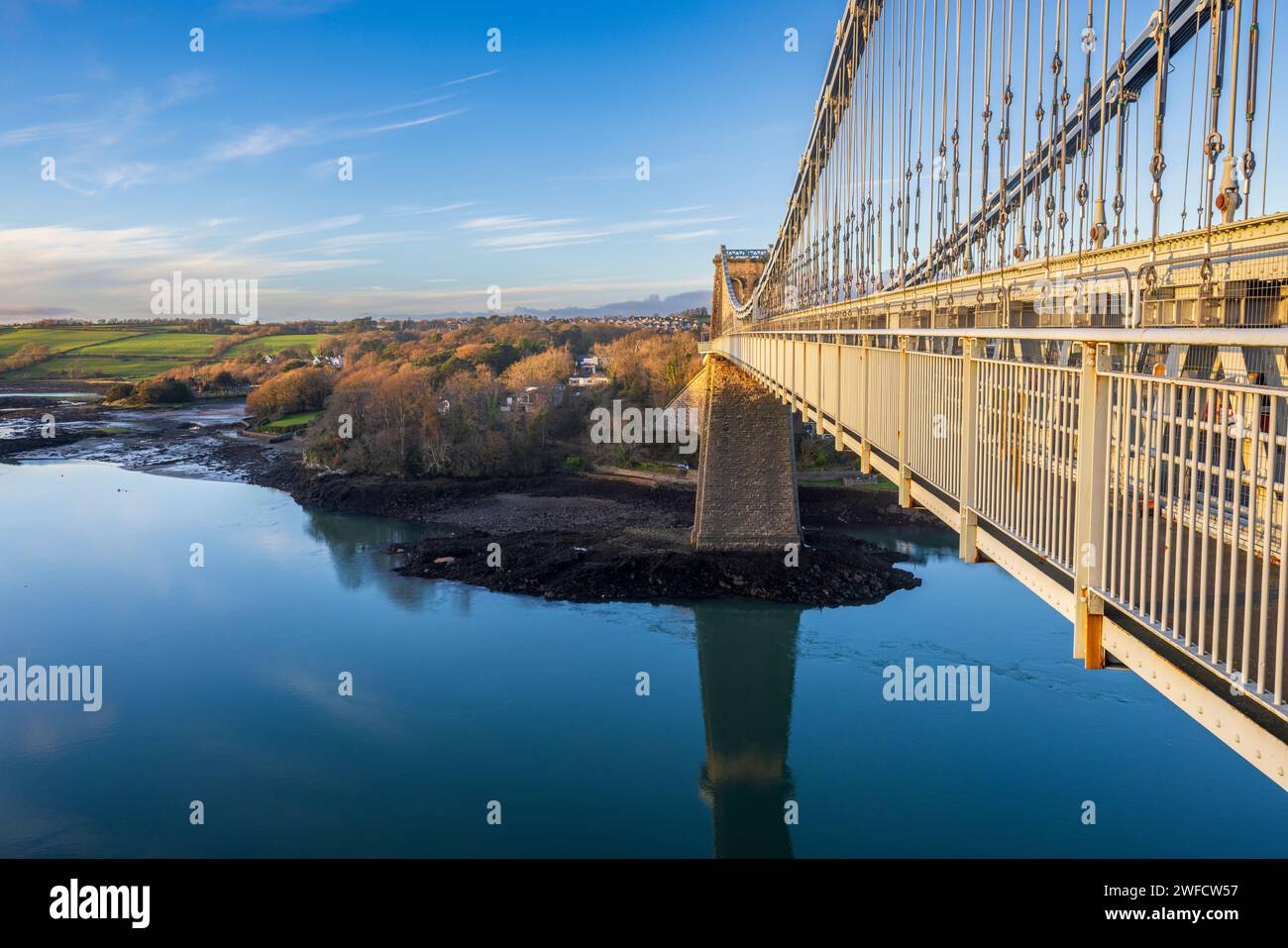 Menai Bridge across the Menai Strait, Isle of Anglesey, North Wales ...