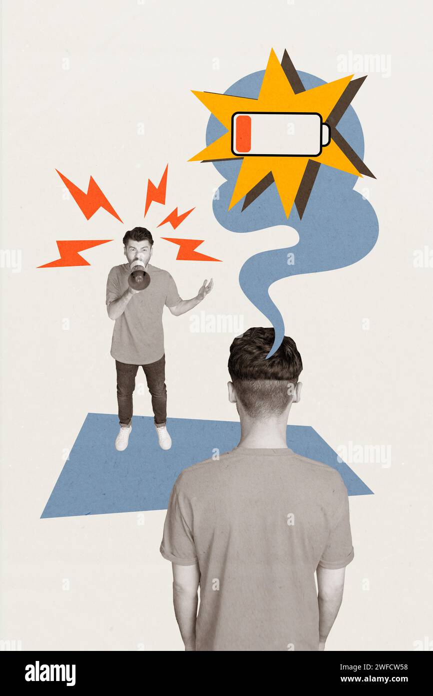 Vertical collage creative poster monochrome effect furious angry tired ...