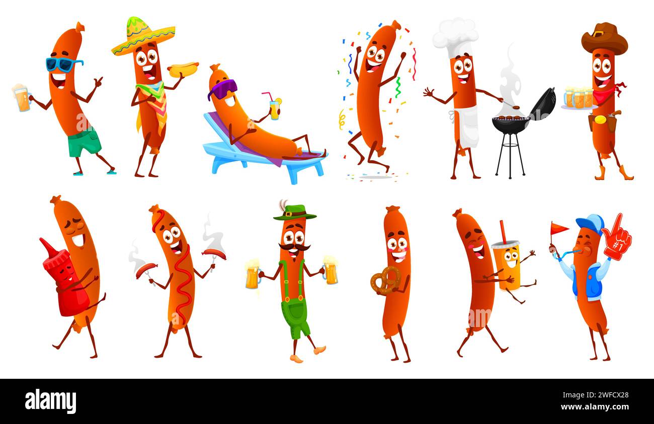 Cartoon sausage characters, isolated vector bratwurst personages with ...