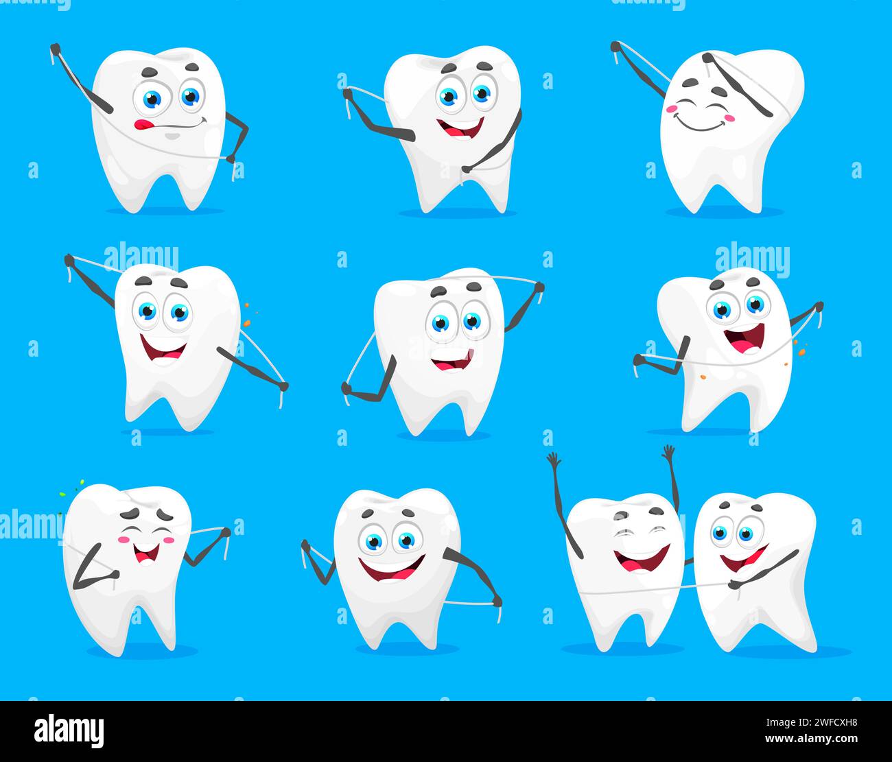 Cartoon tooth characters with dental floss, vector dentistry, oral ...