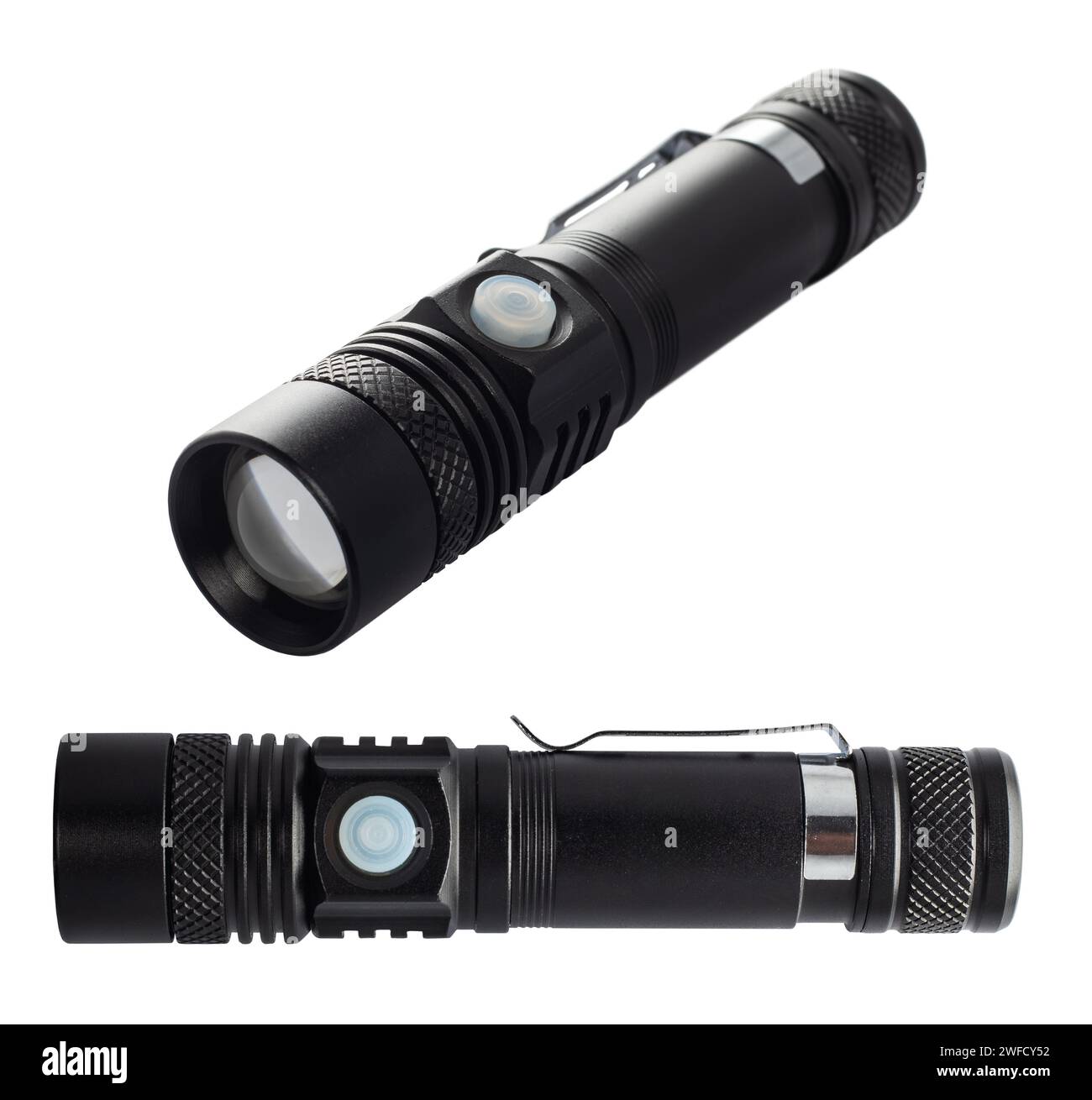 Black led water proof zoom flashlight isolated on white background ...