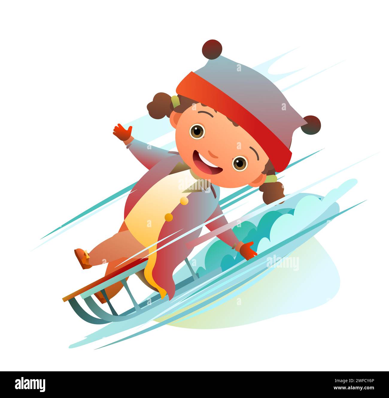 girl rides a sled. Child in winter clothes. Fun frost. Winter clothes ...