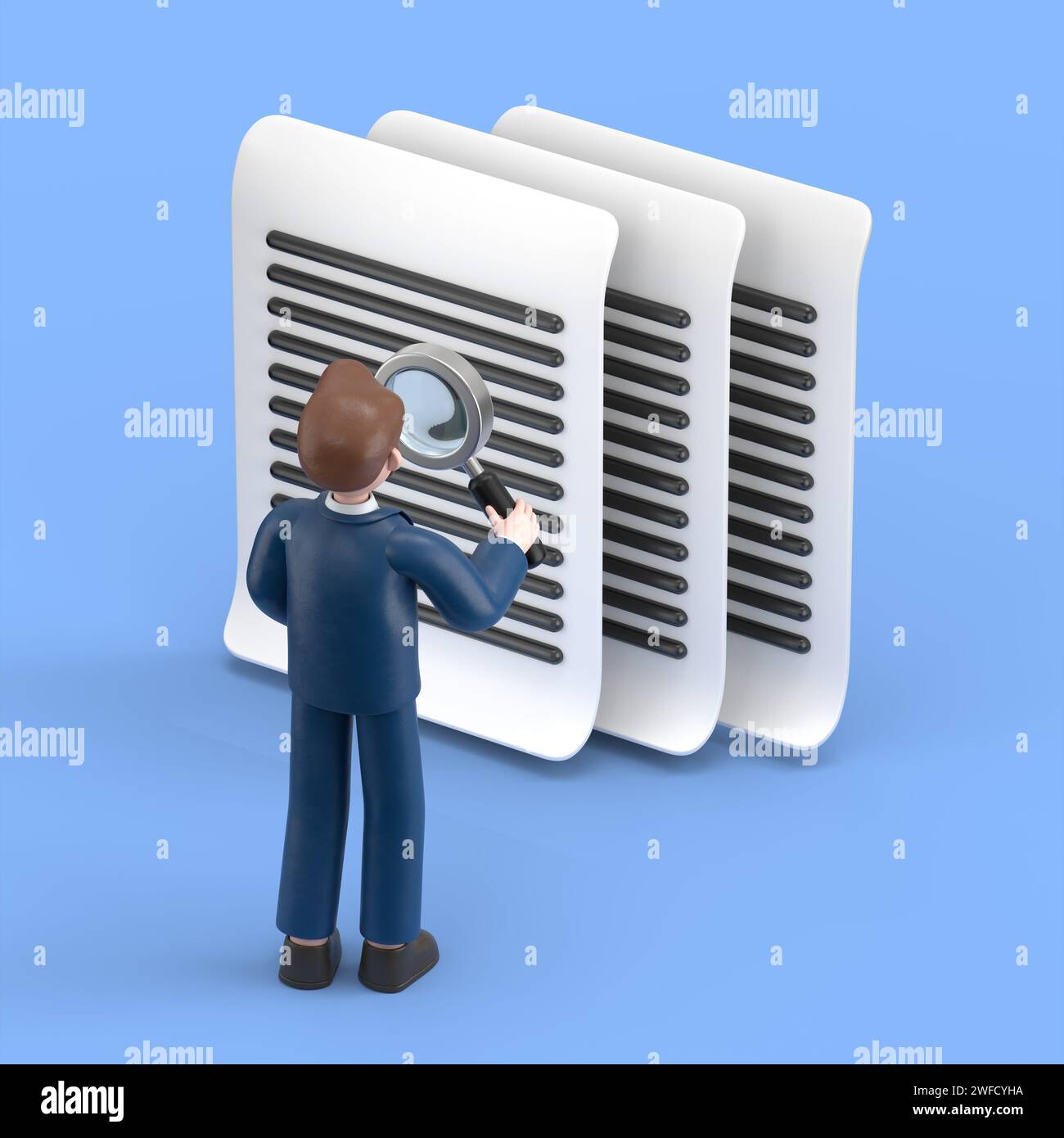 isometric image on a blue background, a man in a business suit looks ...