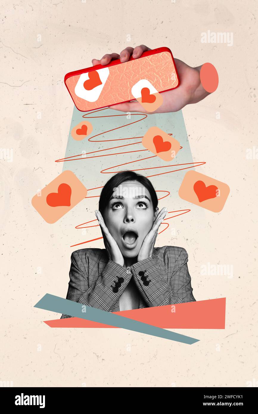 3d magazine collage image of impressed lady getting instagram twitter ...