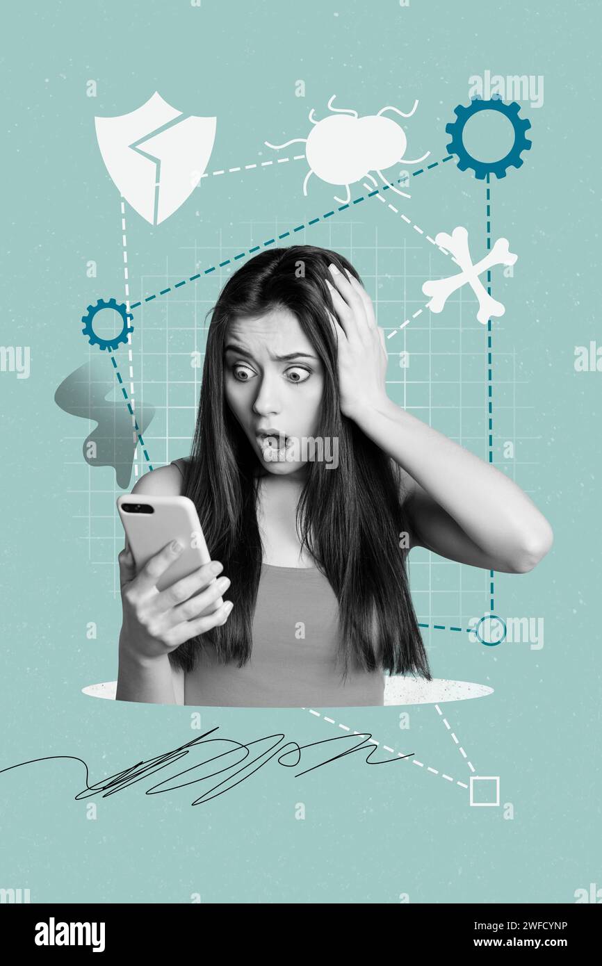 Vertical creative collage poster young shocked woman internet web ...