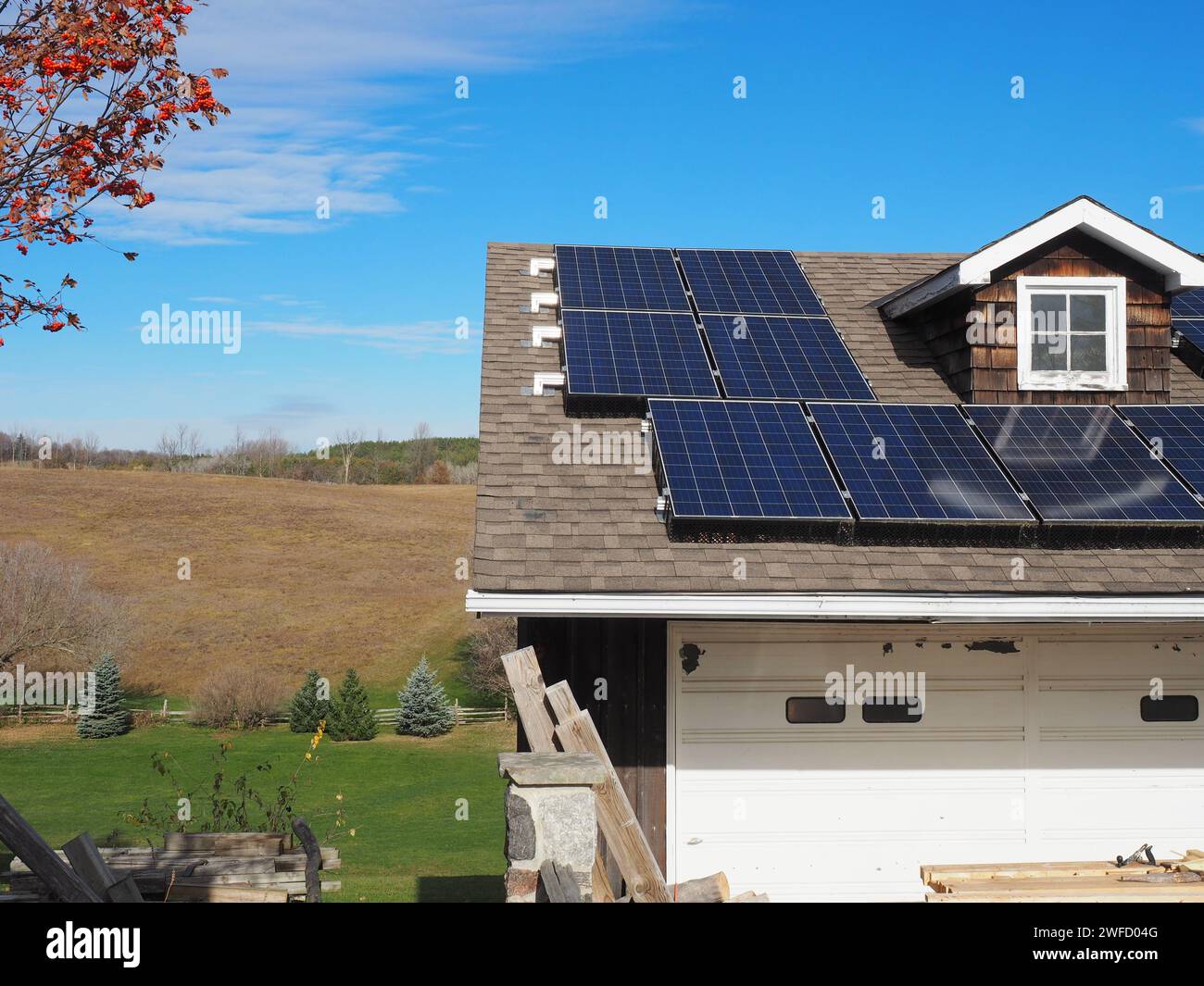 sustainable solar panels on roof of rural country garage, Mono, Ontario ...