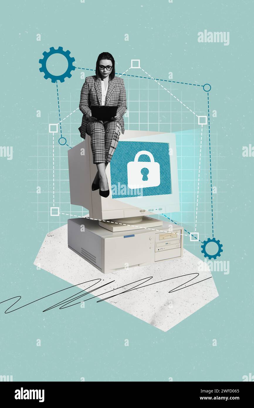 Creative picture collage of young business woman trying to unlock her ...