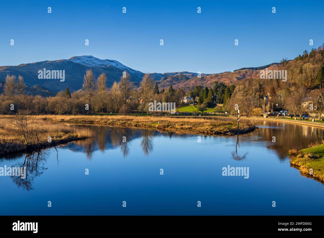 The River Teith at Callander with a snow capped Ben Ledi, Trossachs ...